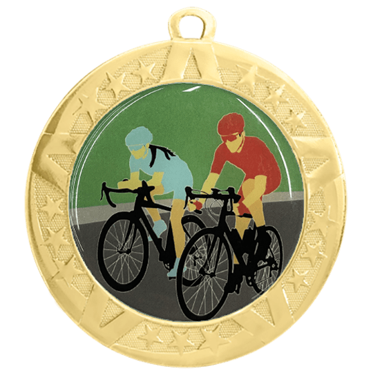 2 3/4 inch Cycling medals with a gold frame and 2 inch Epoxy dome decal ...