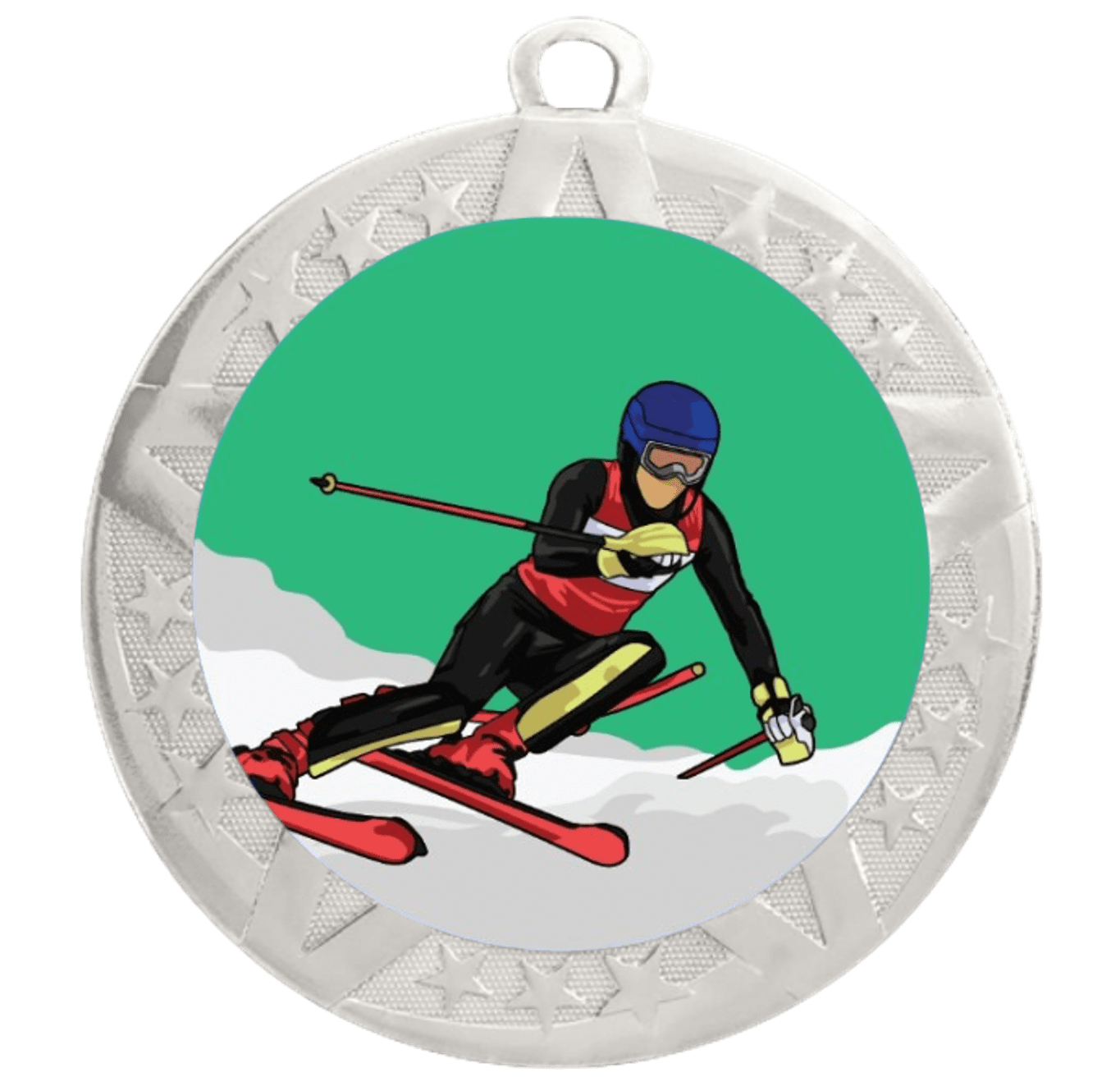 2 3/4 inch downhill skiing medals with a silver frame and insert