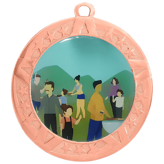 Family Reunion medals with a bronze frame and 2 inch Epoxy insert.