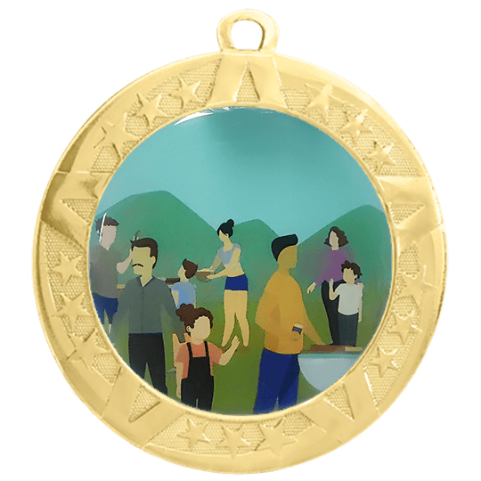 Family Reunion medals with a gold frame and 2 inch Epoxy insert.