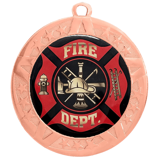 Fire Department T-Series Medals with a bronze frame and 2 inch insert.