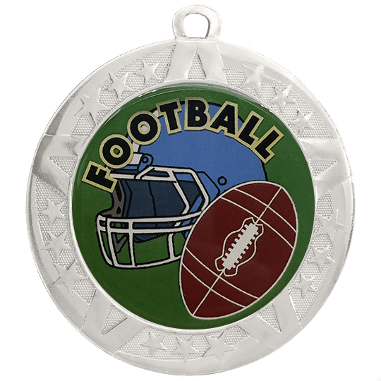 2 3/4 inch Football medals with a silver frame and 2 inch Epoxy dome ...