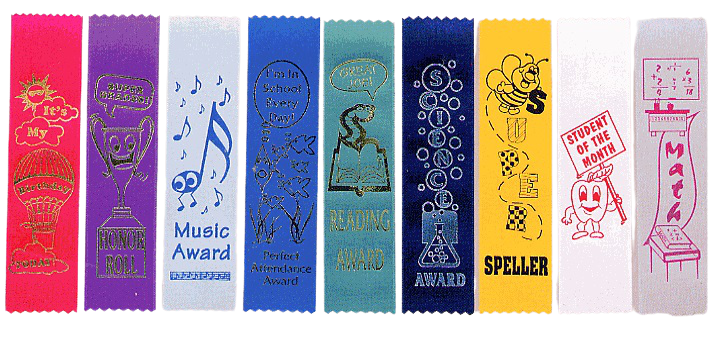 School ribbons, school award ribbons, spelling, science, honor roll