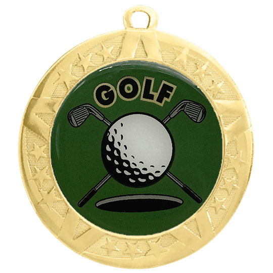 Golf T-Series Medals with a gold frame and 2 inch Epoxy insert.