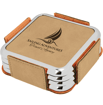Leatherette Square Coaster Set with Metallic Edge | TrophyCentral