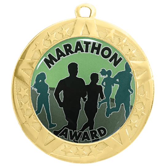 Marathon T-Series Medals with a gold frame and 2 inch Epoxy insert.