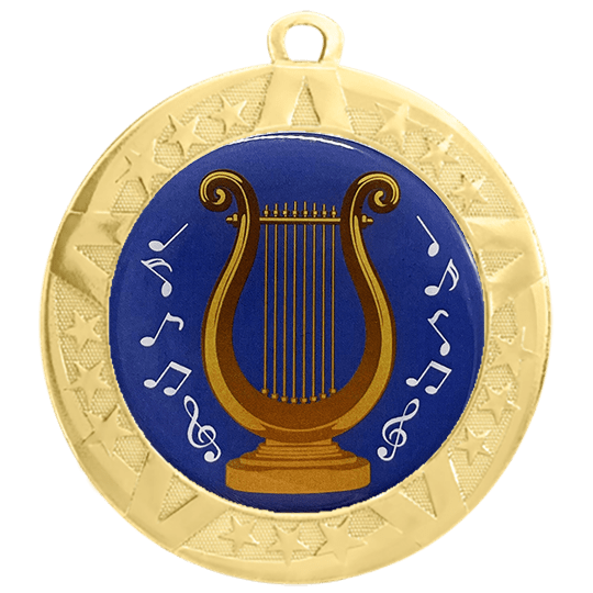 2 3/4 inch Music Lyre Medals with a gold frame and 2 inch Epoxy dome ...