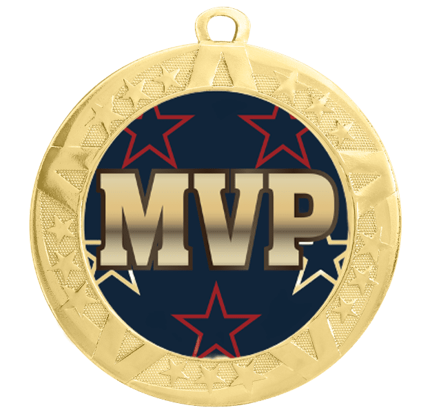 2 3/4 inch MVP Medals with a gold frame and 2 inch Epoxy dome sticker insert.