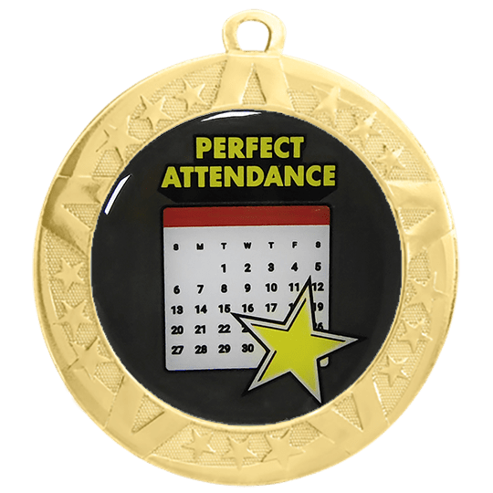 Perfect Attendance medals with a gold frame and 2 inch Epoxy insert.