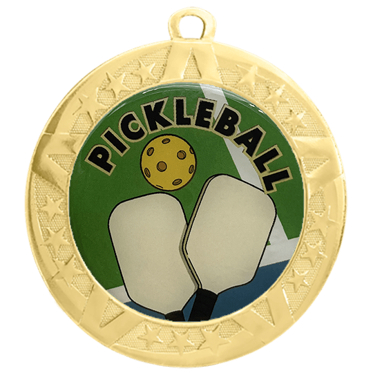 2 3/4 inch Pickleball medals with a gold frame and 2 inch Epoxy dome ...