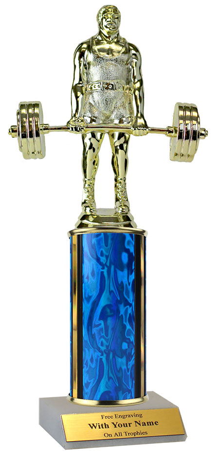 Weightlifting Column Trophy with Slanted White Marble