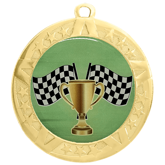 2 3/4 inch Racing Medals with a gold frame and 2 inch Epoxy dome ...