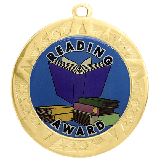 2 3/4 inch Reading medals with a gold frame and 2 inch Epoxy dome decal ...