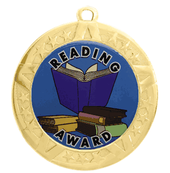 2 3/4 inch Reading medals with a gold frame and 2 inch Epoxy dome decal ...
