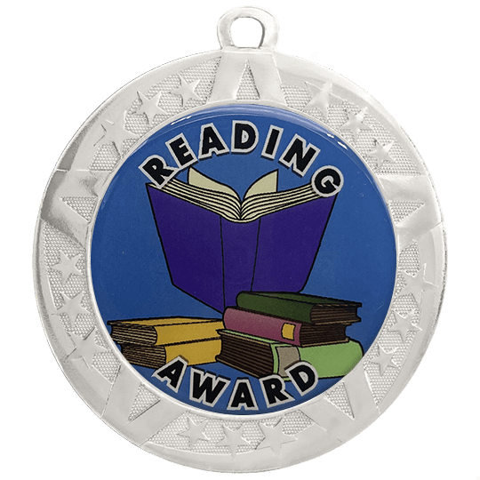 Reading medals with a silver frame and 2 inch Epoxy insert.