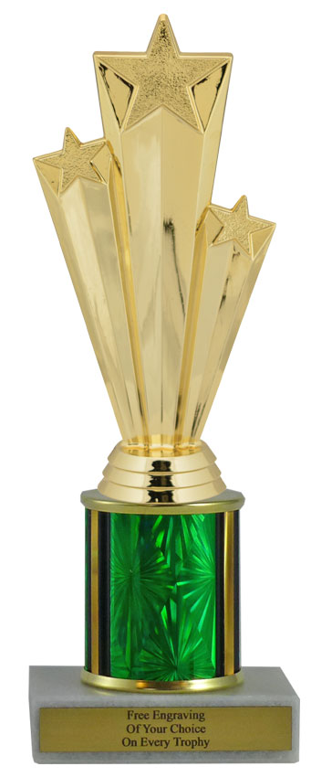 Budget trophies with star performer figure, marble base and column
