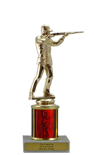 Budget trophies with trap skeet shooting figure, marble base and column