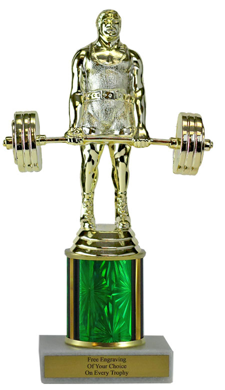 Budget trophies with weightlifting figure, marble base and column