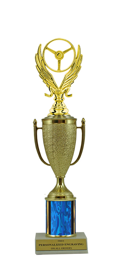 Winged Wheel Trophy With Marble Base, Cup And Column