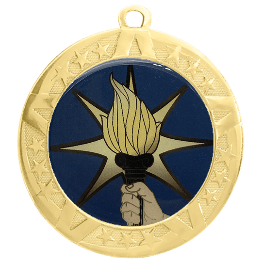 2 3/4 inch Torch medals with a gold frame and 2 inch Epoxy dome decal ...