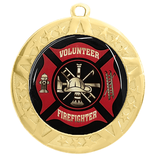 2 3/4 inch Volunteer Firefighter Medals with a gold frame and 2 inch ...