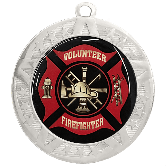 Volunteer Firefighter T-Series Medals with silver frame and 2 inch insert.