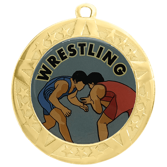 2 3/4 inch Wrestling medals with a gold frame and 2 inch Epoxy dome ...