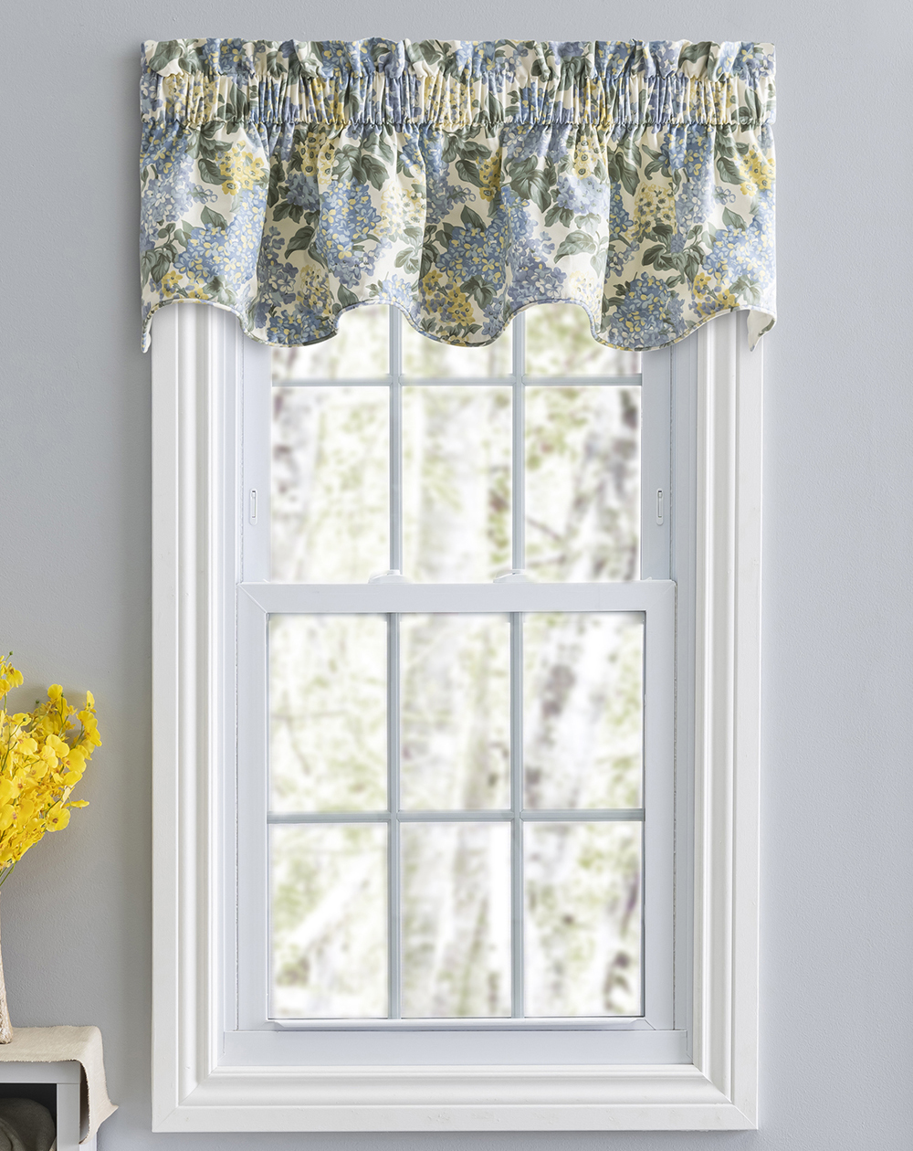 Hydrangea Floral Lined Valance - Blue & Yellow - Kitchen Valances