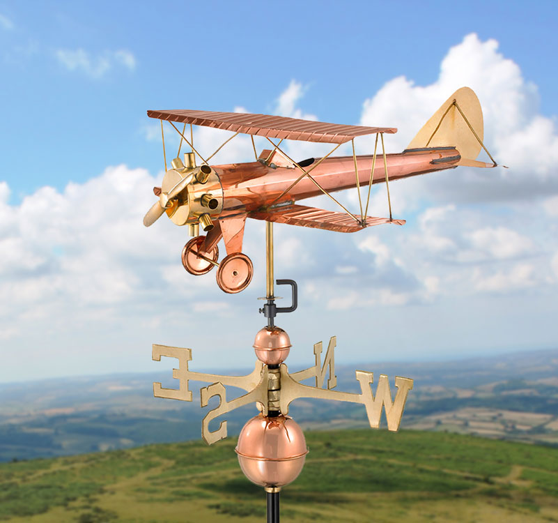 Biplane Airplane Weather Vane | Copper Airplane Wind Vane | Decor