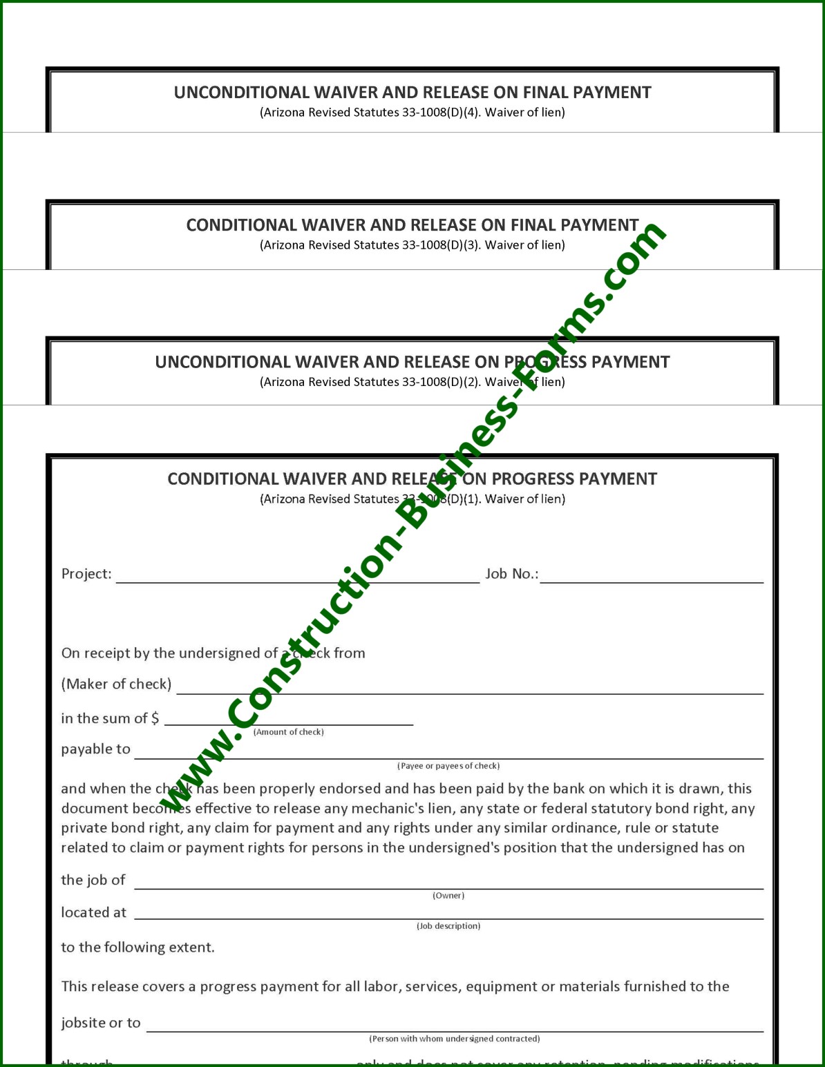 State of Arizona Conditional and Unconditional on Progress and Final Lien Waiver Release Forms