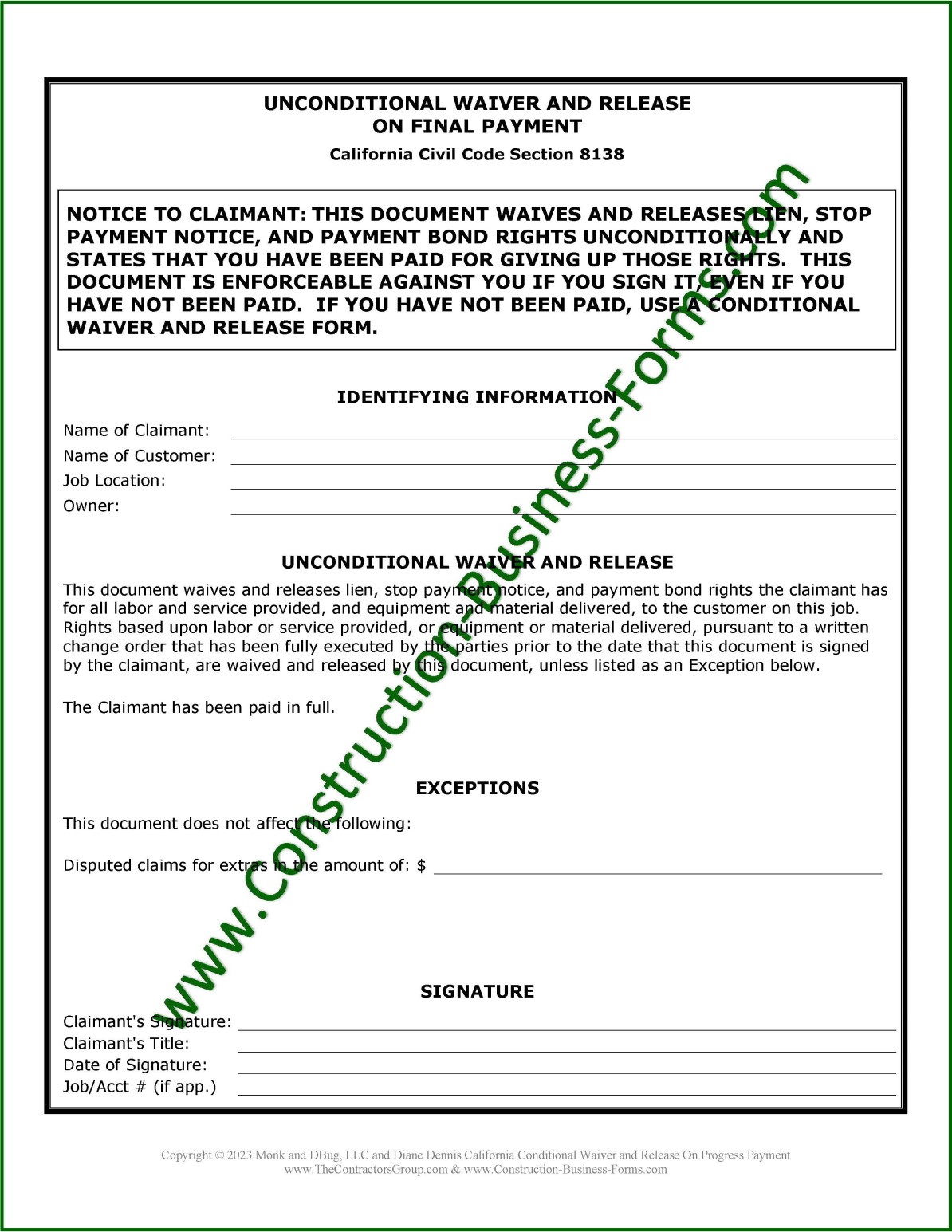 #4 California Unconditional Lien Waiver and Release On Final Payment form