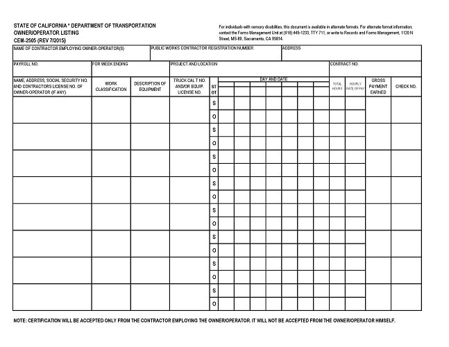CALIFORNIA - CEM-2505 Owner-Operator Listing and Statement of Compliance