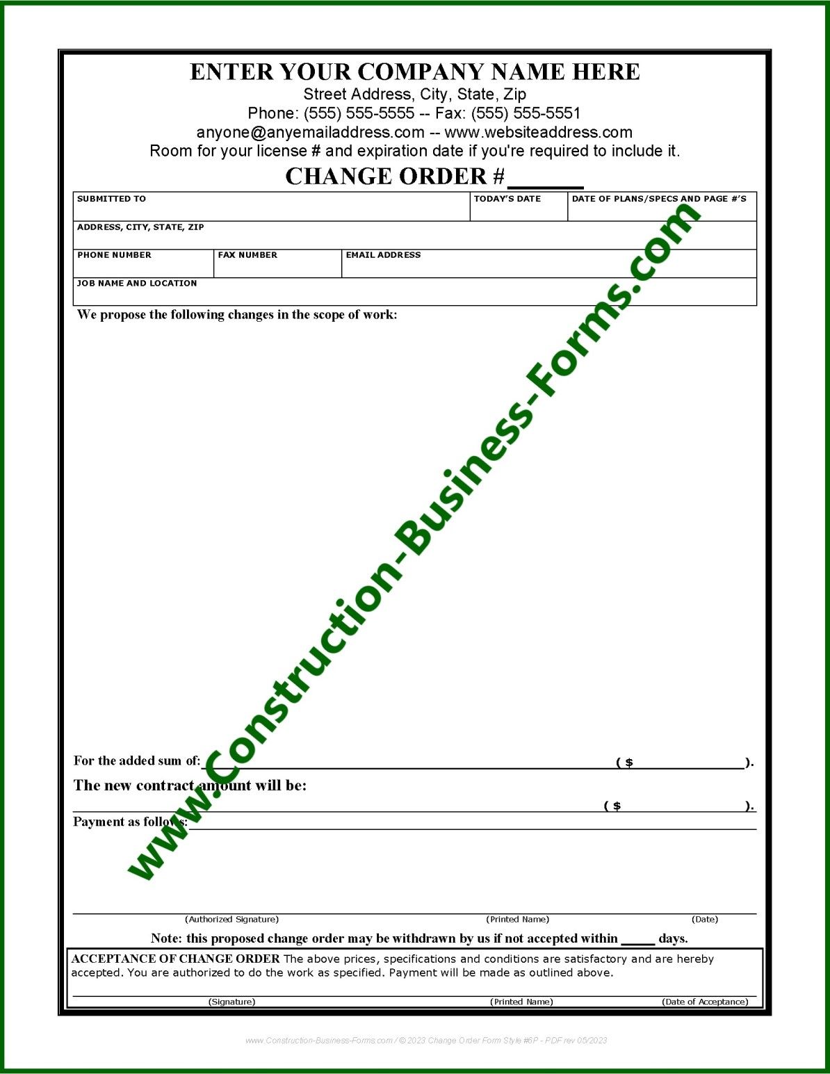 Contractors Construction Change Order Forms