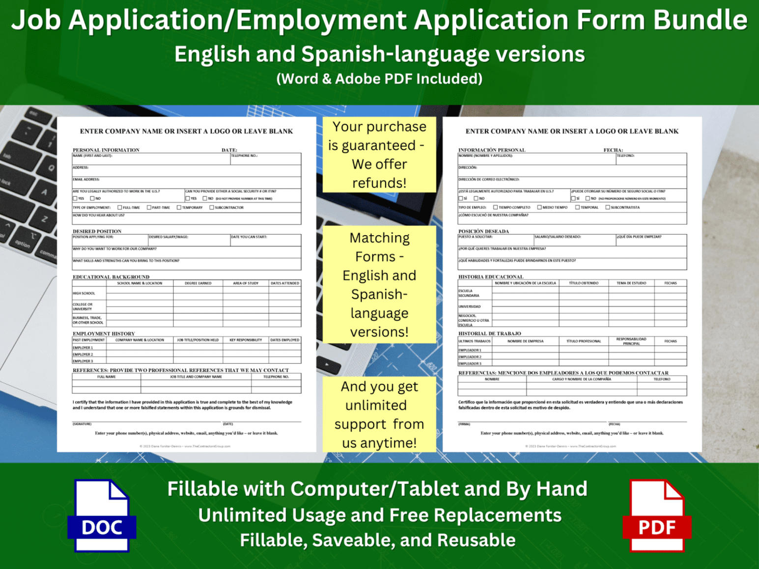 Spanish Language One-Page Employment Application Form, includes the ...