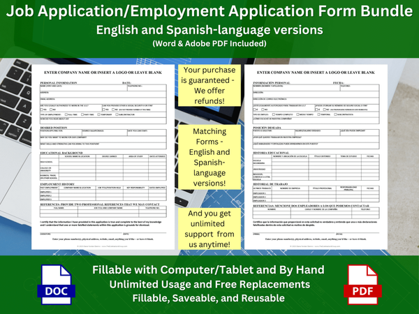 Spanish Language One-Page Employment Application Form, includes the ...