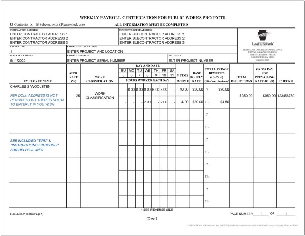 LLC-25 Pennsylvania Weekly Payroll Certification for Public Works ...
