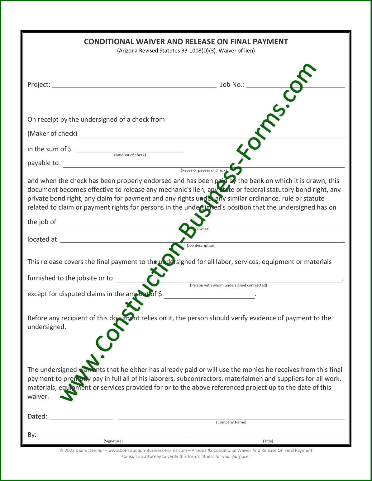 Arizona Conditional Lien Waiver and Release on Final Payment