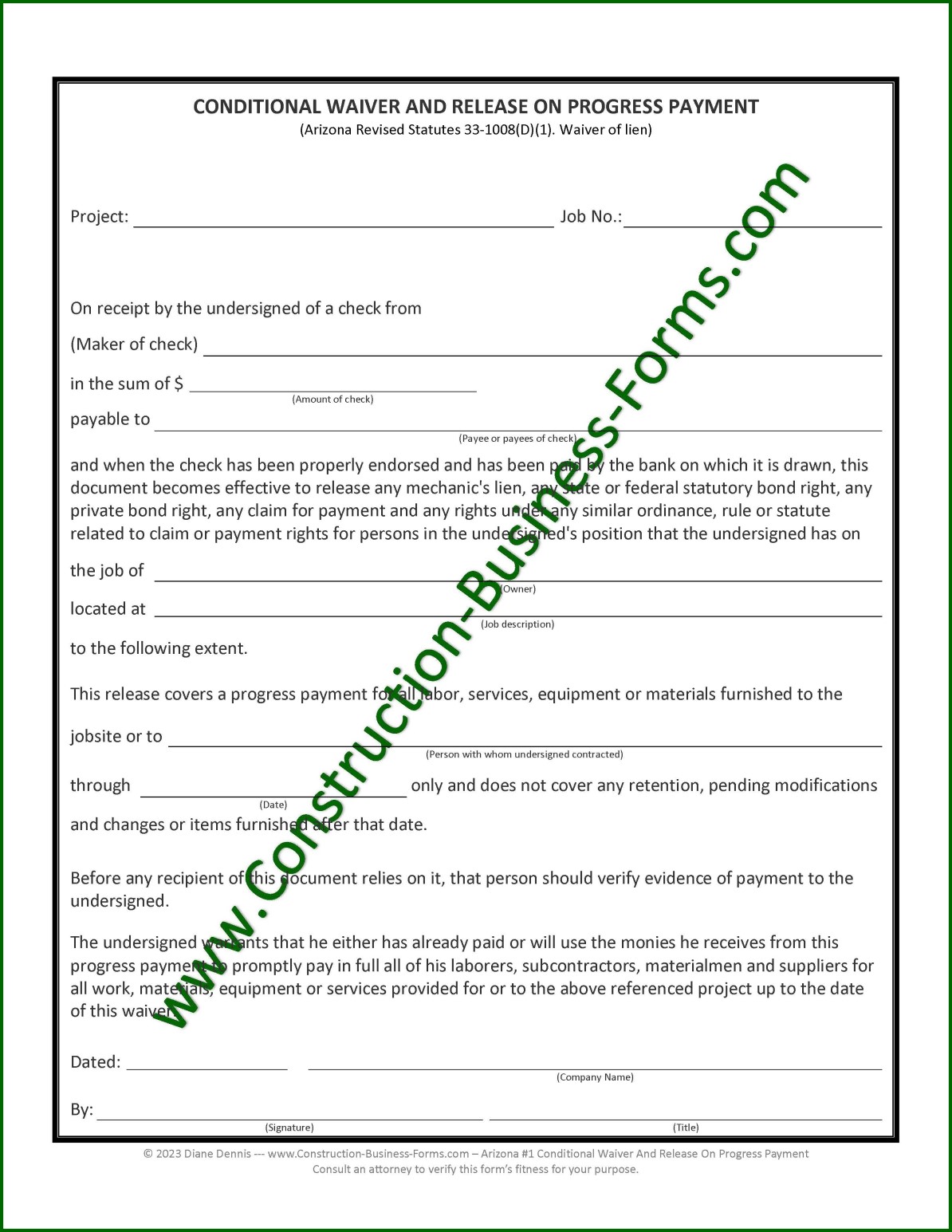 Arizona Conditional Lien Waiver and Release on Progress Payment form
