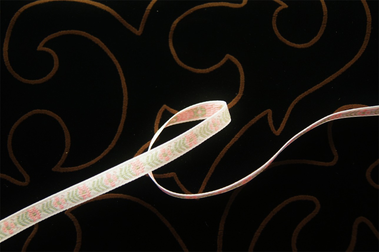 3/8" White Green Pink Floral Woven Ribbon Trim #1077