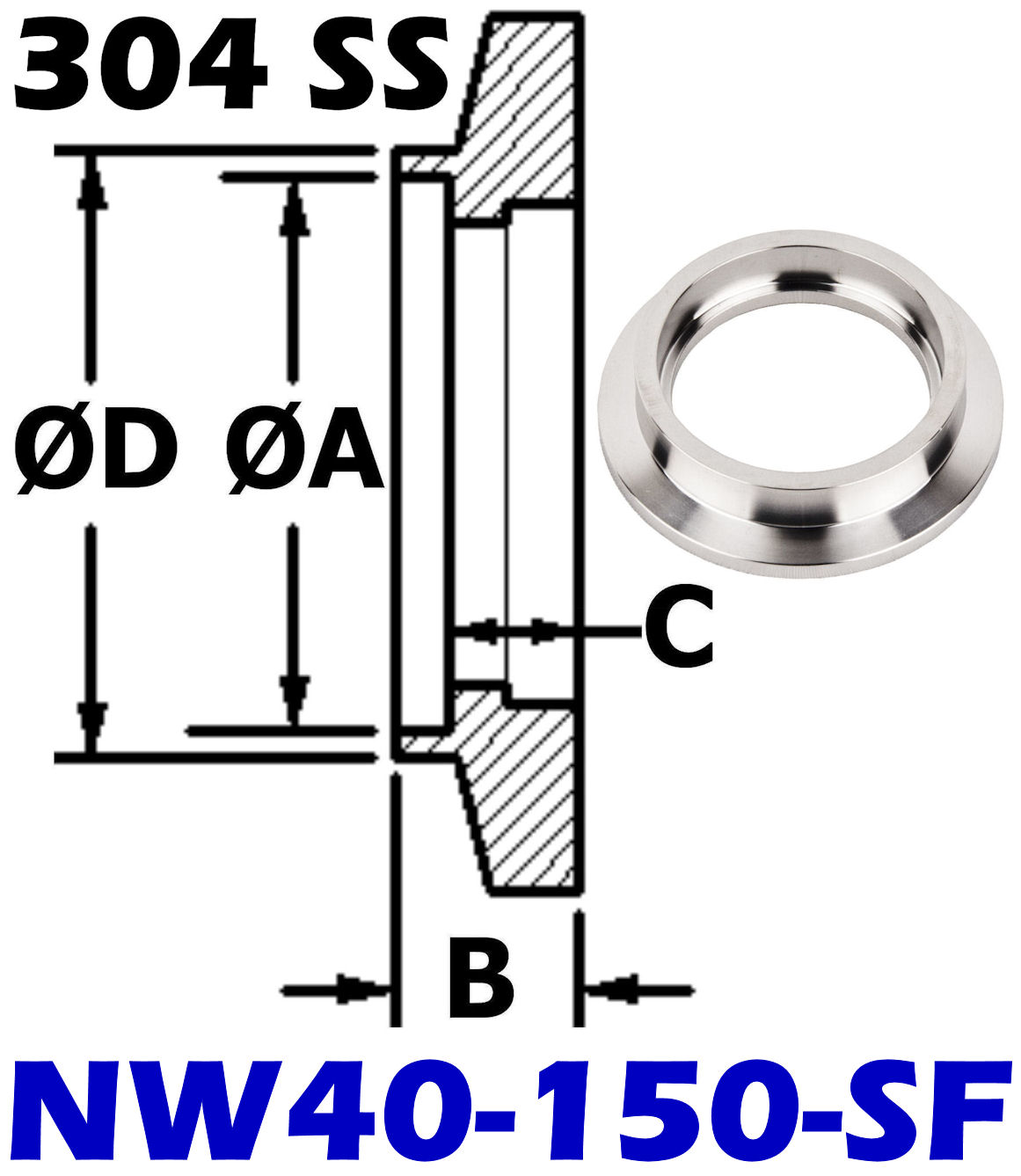 NW40 Short Weld Flange (NW40-150-SF-OS)