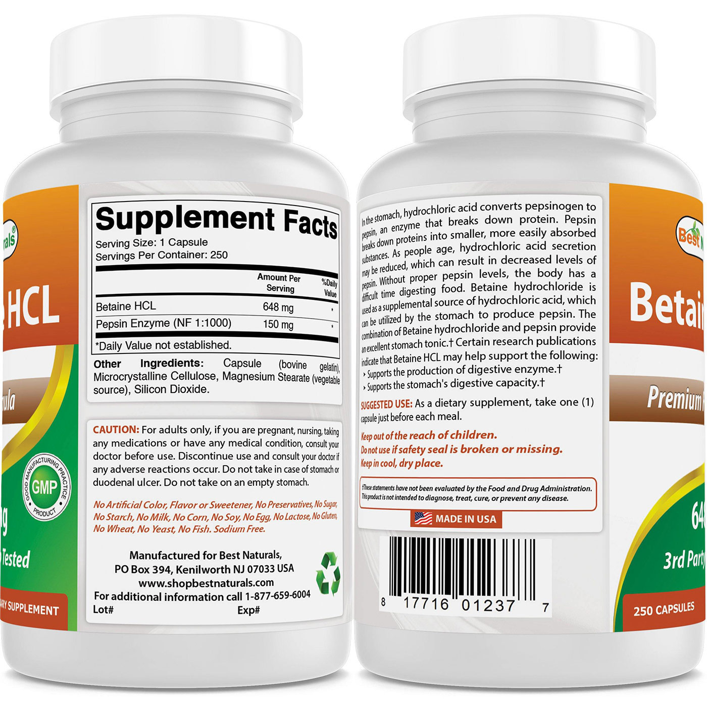 Buy Best Naturals - Betaine HCl 648 mg - 250 Capsules- VitaCart Offers ...