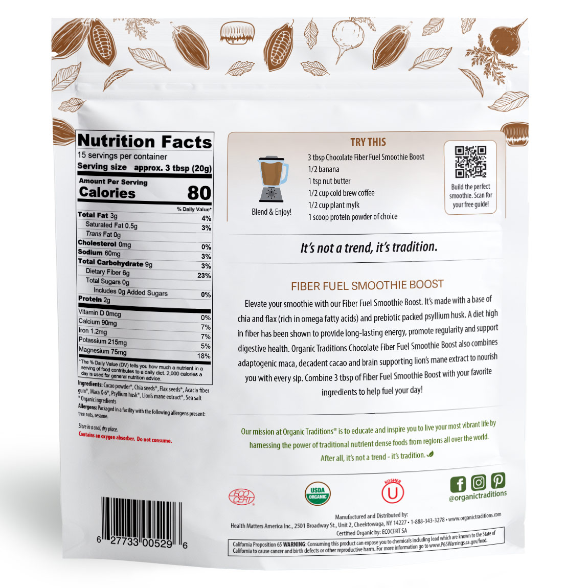 Fiber Fuel Smoothie Boost, Chocolate, 10.6 oz (300 g), Organic ...