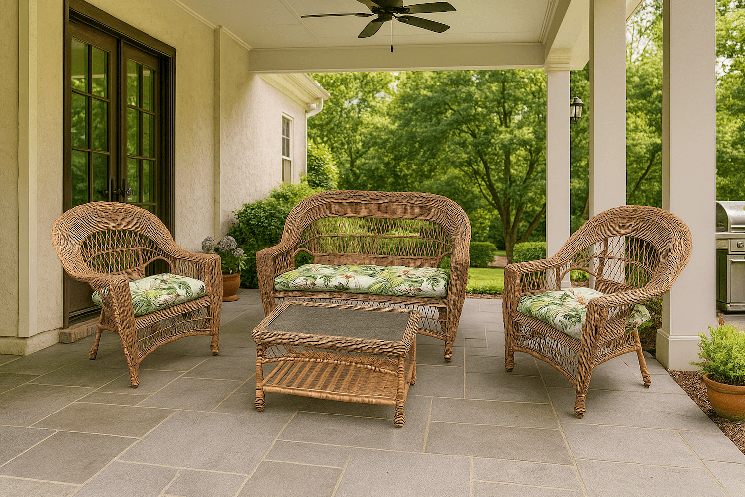 Outdoor Wicker Cape Cod Set in 4 In Natural Finish (Loveseat, 2 Chairs ...
