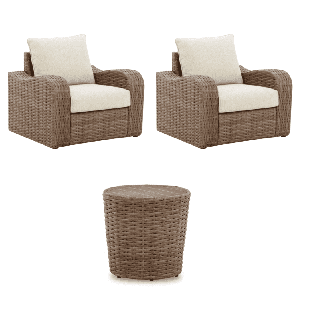 Sandy Bloom Outdoor Patio Wicker Set of 3 - 2 Chairs, 1 End Table