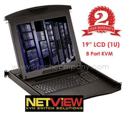 1U Rackmount 19" LCD Monitor Keyboard 8-port PS/2 KVM Switch Console ...
