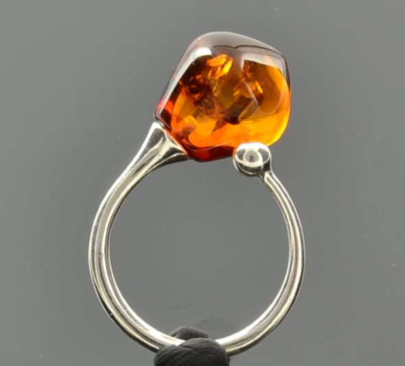 Adjustable Cognac Baltic Amber Silver Ring.