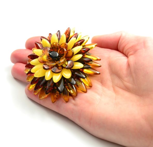 Large Multicolor Baltic Amber Flower Brooch.