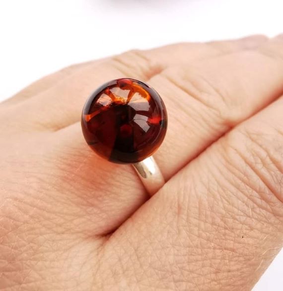Baltic Amber Ring Made of Cherry Red Baltic Amber.