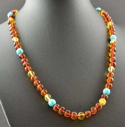 Baltic Amber Necklaces Made of Amber and Turquoise Gemstone.