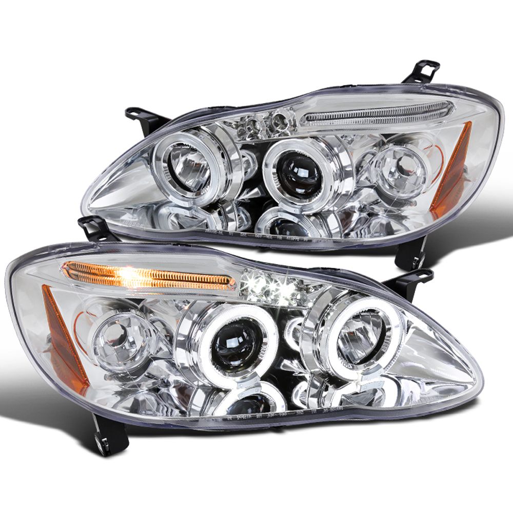 03-08 Toyota Corolla Angel Eye Halo & LED Projector Headlights - Chrome